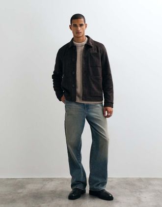 Threadbare Jacke aus Kunstwildleder mit Knopfleiste und Kragen in Schokobraun