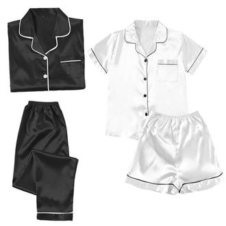 Generic Ensemble de Pyjama pour Femme Satin Pyjamas Womens Short 4 Piece Pyjamas Short Sleeve Sleepwear and Shorts Set Women Sets Leisure Suit Loungewear Pyja