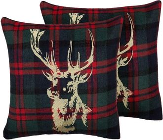Beliani Lot de 2 Coussins Décoratifs Spécial noël 45 x 45 cm à Carreaux Rouges et Verts et Renne Doré pour Style Traditionnel, Classique ou Moderne Beliani