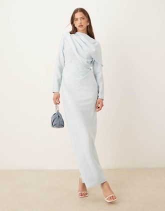 Asos Robe longue &agrave; corsage drap&eacute; et col montant - Bleu clair