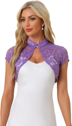 Allegra K Damen Sommer Spitze Bolero Strickjacke Kurzarm Hochzeit Leicht Elegante Festlich J&auml;ckchen f&uuml;r Abendkleid Lila M