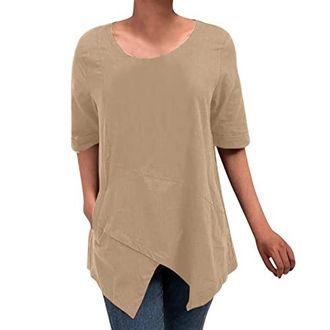 Generic Chemisiers d&eacute;t&eacute; pour femme - Grande taille - Manches quart - T-shirts en coton pour femme - Coupe ample - Chemise en lin boh&egrave;me ample - Haut blanc - H