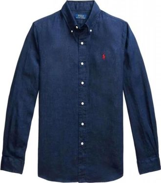 Ralph Lauren Homme, Chemises, Bleu, Taille: M Chemise en Lin Boutonn&eacute;e Coupe Sur Mesure