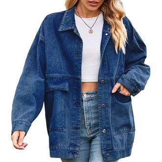 Generic Veste en jean pour femme avec capuche amovible - Style d&eacute;contract&eacute; - Avec boutons - Veste en jean surdimensionn&eacute;e &agrave; manches longues, bleu fonc&eacute;, XXL