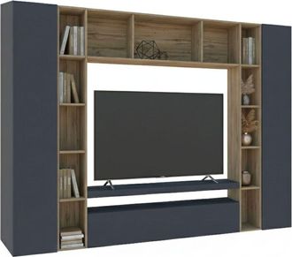 Dmora Wohnzimmerm&ouml;bel Ddragon, Wohnzimmergarnitur TV-M&ouml;bel mit 3 T&uuml;ren, Mehrzweck-Wohnm&ouml;bel, 100 % Made in Italy, cm 270x35h210, gl&auml;nzendes Wei&szlig; und Eiche