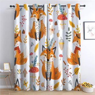 Generic Blackout Vorh&auml;nge H166 x B150 cm Verdunkelung Vorhang mit &Ouml;sen, Cartoon Tier Fuchs Pilz Vorhang Hellfarben Weich Polyester Vorh&auml;nge f&uuml;r Wohnzimmer Sch