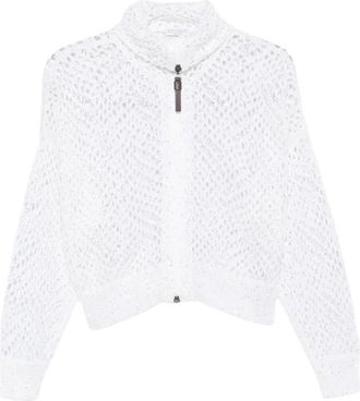 Brunello Cucinelli Cardigan en maille ajour&eacute;e orn&eacute; de sequins - Femme - Pulls - Blanc - Taille: 40 FR