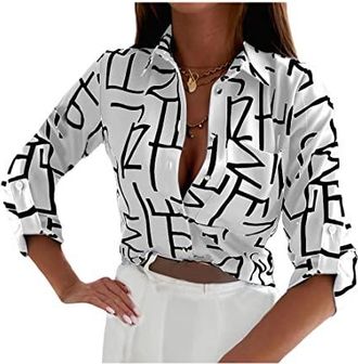 TOMWELL Femme Chemisier Tops Été Imprimé Chemisier Bouton Décontracté à Manches Longues pour Femmes Casual Mode Blouse Elegant Shirt Hauts Tops A Blanc L