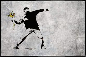 1art1 Banksy Poster Plakat | Bild und Kunststoff-Rahmen - Der Blumenwerfer, Graffiti Streetart (91 x 61cm)