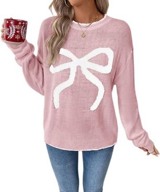 Generic Pull dautomne d&eacute;contract&eacute; avec noeud mignon pour femme, col rond, manches longues, pull en tricot &eacute;pais, pull de No&euml;l dhiver doux en tricot, rose, XL