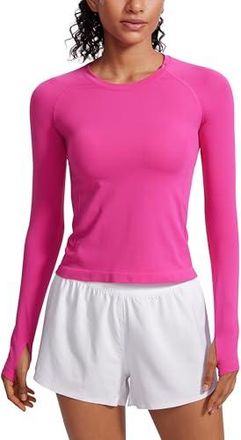 CRZ YOGA Femme sans Couture à Manches Longues Séchage Rapide Yoga Athlétique Tee Shirt avec Trous pour Les Pouces Hibiscus Violet 38