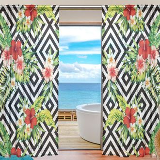 Alaza Durchsichtiger Voile-Vorhang, tropisches Blumengitter, Polyester-Material, Stoff f&uuml;r Schlafzimmer, Dekoration, Zuhause, T&uuml;rdekoration, K&uuml;che, Wohnzimm