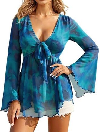 Generic Robe boh&egrave;me 2026 pour femme, haut &agrave; manches nou&eacute;es sur le devant, en maille transparente, col en V, volants, chemisier p&eacute;plum, Vert, XXL