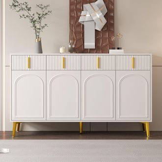 Generic Mielvu Sideboard mit goldenen Griffen und Beinen, 4 Türen, 4 Schubladen, mit herausnehmbarem Laminat, geeignet für Wohn- und Esszimmer, 140 * 37,8 * 8