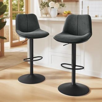 Vasagle Barhocker 2er Set, Barst&uuml;hle h&ouml;henverstellbar, drehbare K&uuml;chenhocker, mit ergonomischer R&uuml;ckenlehne, Samt, f&uuml;r K&uuml;cheninsel, Hausbar, modern, anthrazit
