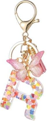 Generic Porte-cl&eacute;s en r&eacute;sine paillet&eacute;e 26 lettres avec papillon pompon porte-cl&eacute;s crochet, R, taille unique