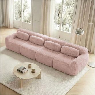 Generic Modernes 2-Sitzer-Sofa, modulares Sofa, rutschfeste Basis, mit 2 Kissen, extra breite ergonomische Armlehnen,for Lesen und Arbeiten(Rosa+Peluche+4 Pla