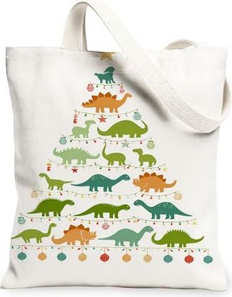 Generic Sacs fourre-tout en toile de No&euml;l, motif dinosaure mignon, sacs d&eacute;picerie r&eacute;utilisables, l&eacute;gers et lavables, blanc, 13x15 Inch