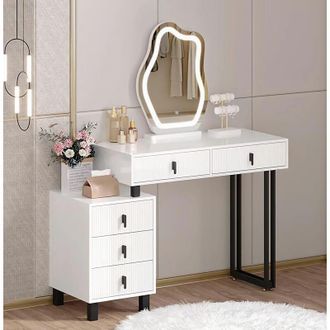 Woltu Woltu - Coiffeuse Miroir led - &Eacute;clairage R&eacute;glable - Table de Maquillage avec Plateau Brillant - Tiroirs en Bois Massif - 1 Commode Flexible
