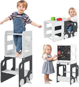 HOMCOM Tour dobservation enfant 4 en 1, tour dapprentissage, hauts rebords de s&eacute;curit&eacute;, tableau noir/blanc, 58x46x92cm, gris-Blanc