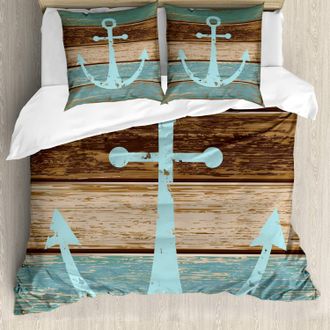 Abakuhaus Anker Bettwäsche Set für Doppelbetten, Nautical Rustic, Weicher Microfaserstoff Allegigeignet kein Verblassen,Hellblau Blaugrün