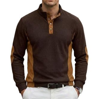 Generic Polo en velours c&ocirc;tel&eacute; d&eacute;contract&eacute; &agrave; manches longues et col montant boutonn&eacute; Henley pour homme, caf&eacute;, XXL