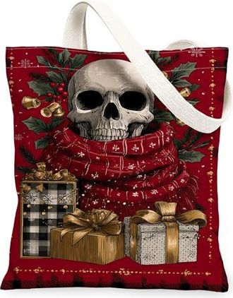 Generic Sacs fourre-tout en toile motif t&ecirc;te de mort et cadeaux r&eacute;utilisables, vintage l&eacute;gers et lavables avec bandouli&egrave;re pour les courses, les voyages, 33 x