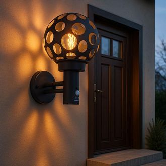 Globo Lighting LED Aussenlampe mit Bewegungsmelder anthrazit Wandlampe mit Bewegungsmelder Au&szlig;en Wandleuchte Kugel, im Loch-Design, 1x Filament LED warmwei&szlig; Edelstah