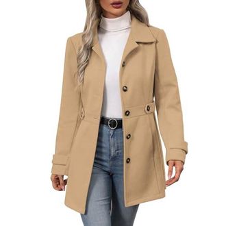 Generic Manteau trench en laine m&eacute;lang&eacute;e pour femme avec col &agrave; revers crant&eacute; simple boutonnage automne hiver tendance d&eacute;contract&eacute;, kaki, XXL