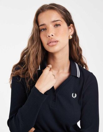 Fred Perry polo &agrave; manches longues c&ocirc;tel&eacute; &agrave; double liser&eacute; bleu marine