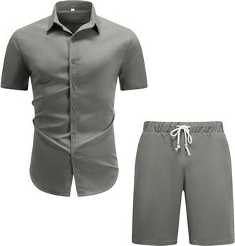 AlltheMen Chemise Ensemble Homme Manches Courtes Couleur Uni Shirt Boutonnée Casual Travail Blouse avec Shorts en Lin dété de Plage Gris 3XL