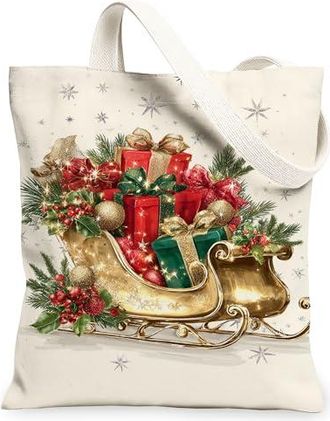 Generic Sacs fourre-tout en toile pour cadeaux de No&euml;l, motif tra&icirc;neau, sacs de courses r&eacute;utilisables, l&eacute;gers et lavables avec bandouli&egrave;re en toile pour les v