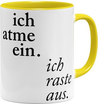 OM3 Lustige Tasse mit Spruch - Ich atme ein -> ich raste aus - Keramik Becher - 11oz 325ml - Beidseitig Bedruckt - Gelb