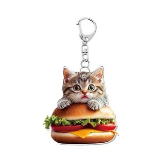 Generic Hamburger Cat Charm Keychain - Pendentif de sac de nourriture plat, pendentif de sac &agrave; main de chat hamburger acrylique | Pendentif sacs de nourriture