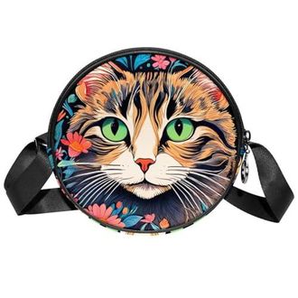 Generic Sac &agrave; bandouli&egrave;re rond rond pour femme, motif chat color&eacute;, avec fermeture &eacute;clair, bretelles r&eacute;glables, style d&eacute;contract&eacute;