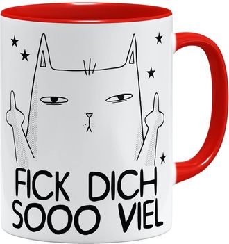 OM3 Fick dich sooo viel lustige Kaffee-Tasse mit Spruch + Katze | Keramik Becher | 11oz 325ml | Beidseitig Bedruckt | Rot