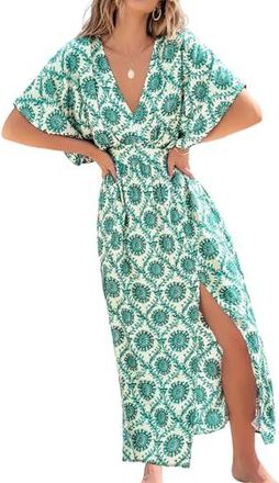 Cupshe Robe d&eacute;t&eacute; longue boh&egrave;me pour femme - Manches longues - Taille empir&eacute;e - Fente sur le c&ocirc;t&eacute; - Robe d&eacute;t&eacute; pour vacances et plage, vert, Taille L