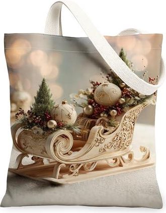 Generic Sacs fourre-tout en toile avec motif tra&icirc;neau de No&euml;l, d&eacute;coration festive, sacs l&eacute;gers et lavables &agrave; bandouli&egrave;re pour les courses, les courses, Beige,
