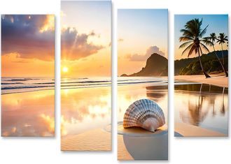 Islandburner Prime Bild auf Leinwand Große Muschel sandiger tropischer Strand Meer Ozean Sonnenstrahlen Bilder Wandbilder Poster