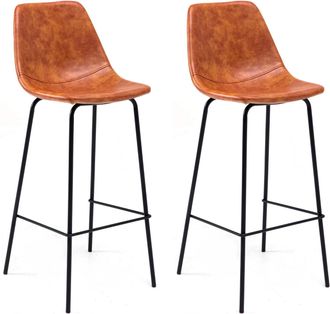 Happy Garden 2er Set Vintage-Barhocker Lucien Cognac - Sitzh&ouml;he 75cm, Barhocker im Retro-Stil mit R&uuml;ckenlehne und Fu&szlig;st&uuml;tze, Metallgestell