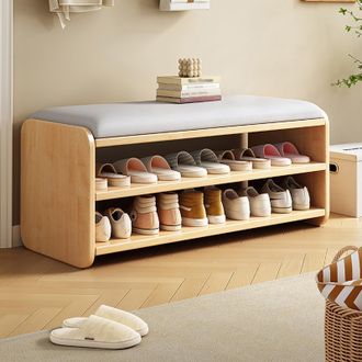 Generic 2-stöckige Schuhbank aus Massivholz mit gepolsterter Sitzfläche aus Leinen - Aufbewahrungsorganizer for den Eingangsbereich im Wohnzimmer(Wood,80 x 30