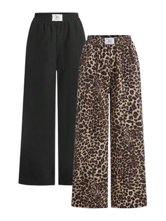 SOLY HUX Damen 2 St&uuml;cke Hose Y2K Weite Freizeithose Palazzo Hosen Lockere Jogginghose Hohe Elastosche Bund Casualhose Herbst Outfits Schwarz und Leoparden L