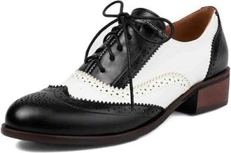 Generic Brogues contemporaines pour Femmes Oxford Color Block Talon Bas pour Travail et Loisirs Bout Rond Design,Black White,43 EU