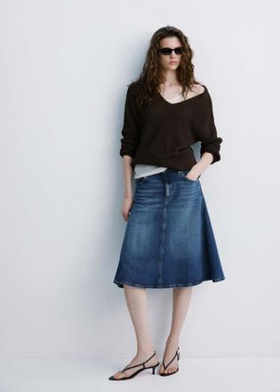 Mango Pull-over maille ajour&eacute;e col V chocolat - Femme - XXS - MANGO