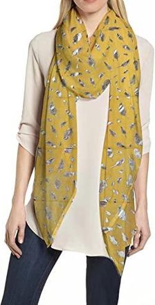 Lina & Lily Foulard Femme à Plumes Métallisées, Écharpe Tissu Léger 180cm X 75cm (Moutarde-Argent)