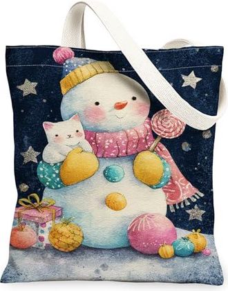 Generic Sacs fourre-tout en toile motif bonhomme de neige de No&euml;l, adorable sc&egrave;ne dhiver, sacs de courses r&eacute;utilisables, l&eacute;gers et lavables, bleu, 13x15 Inch