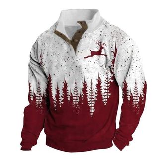Generic Pull de Noël pour homme - Imprimé Père Noël renne - Doublure en polaire - Pull de Noël 2025 à revers boutonné - Manches longues - Flocon de neige, Vin