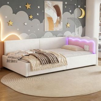 Generic Daybett, Tagesbett, Schlafsofa, 90 * 200cm, LED-Umgebungslicht mit Fernbedienung, Bett mit Lattenrost (ohne Matratze), Vliesimitat, Weiß