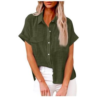 Generic Chemise d&eacute;t&eacute; en coton et lin &agrave; manches courtes pour femme - Tunique d&eacute;contract&eacute;e ample unie - V&ecirc;tements tendance avec poches, Vert, XXL