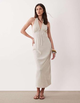 Asos Robe nuisette longue en aspect lin avec dos nu et buste ray&eacute; - Neutre-Multicolore